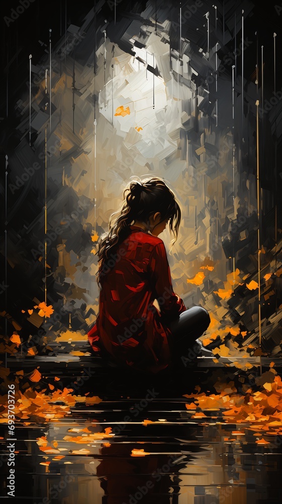 woman sitting bench rain best autumn leaves falling sad emotion gaze ...