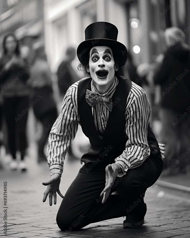 MIme street performer wearing traditional outfit including striped ...