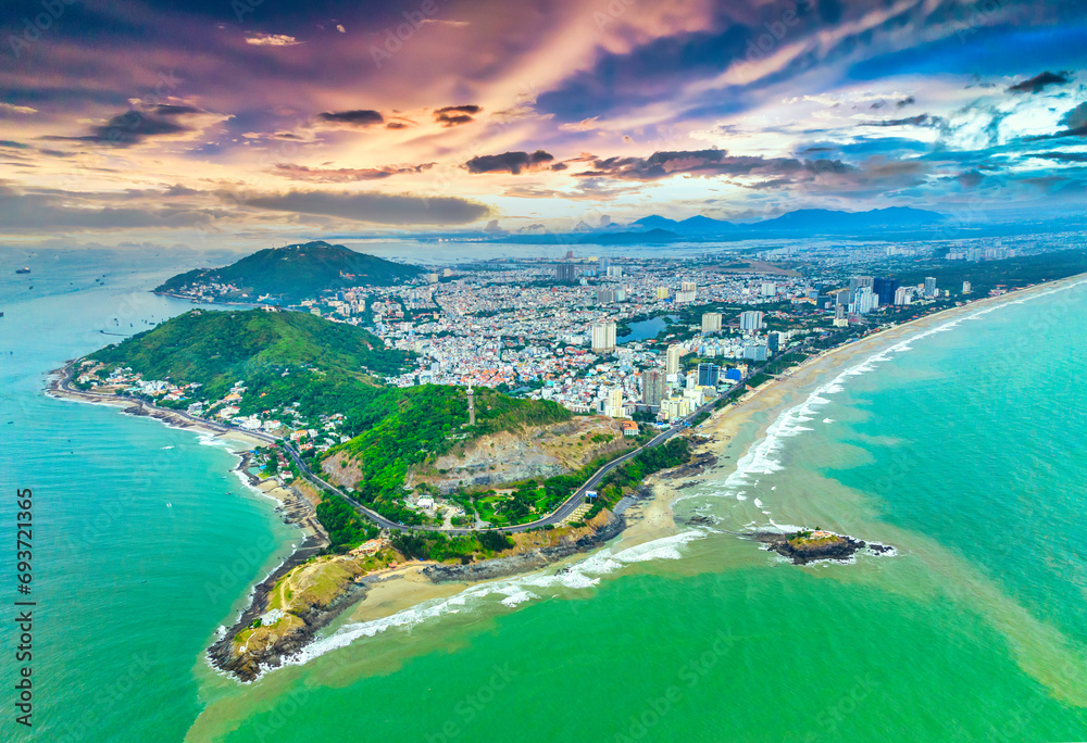 Vung Tau city aerial view with beautiful sunset and so many boats ...