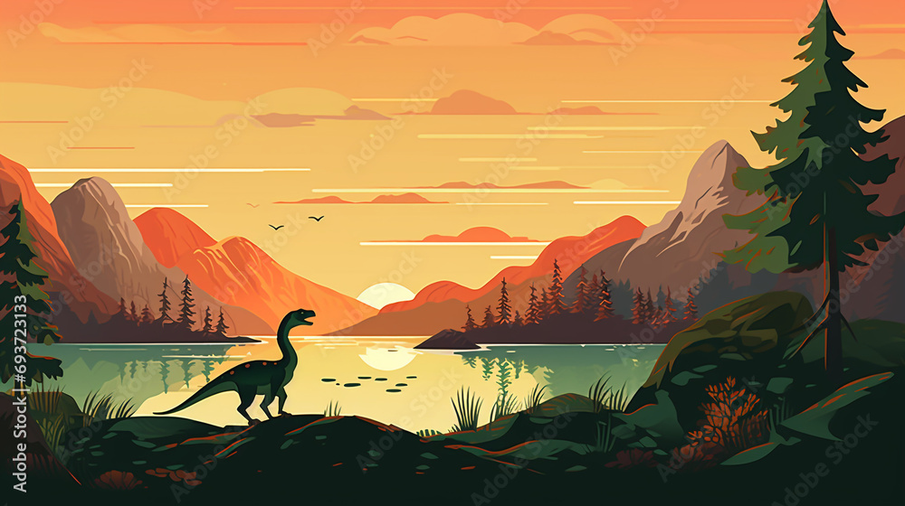 cartoon dinosaur art, landscape scenery background Stock Illustration ...