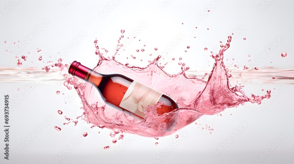 Bottle of rose wine floating in liquid splash. Wine bottle mockup with ...