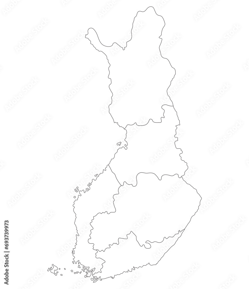 Finland map. Map of Finland divided into six main regions in white ...
