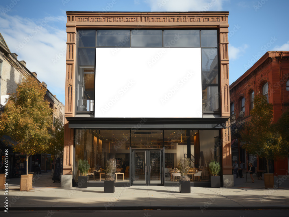 Elegant storefront with large blank billboard, clear sky, modern ...