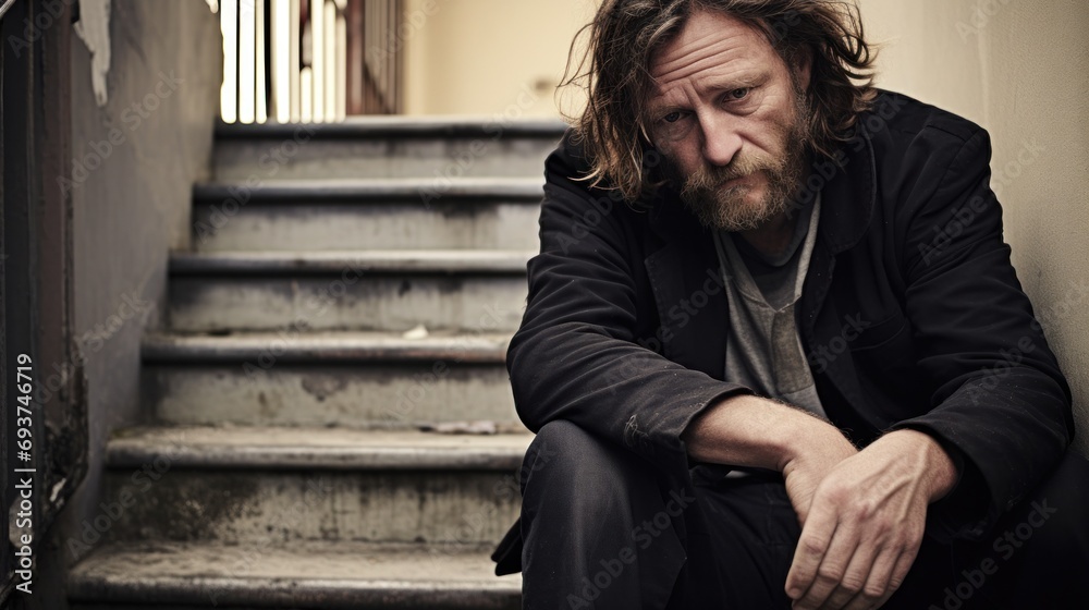 Weary man with a thoughtful expression sits on weathered steps, his ...