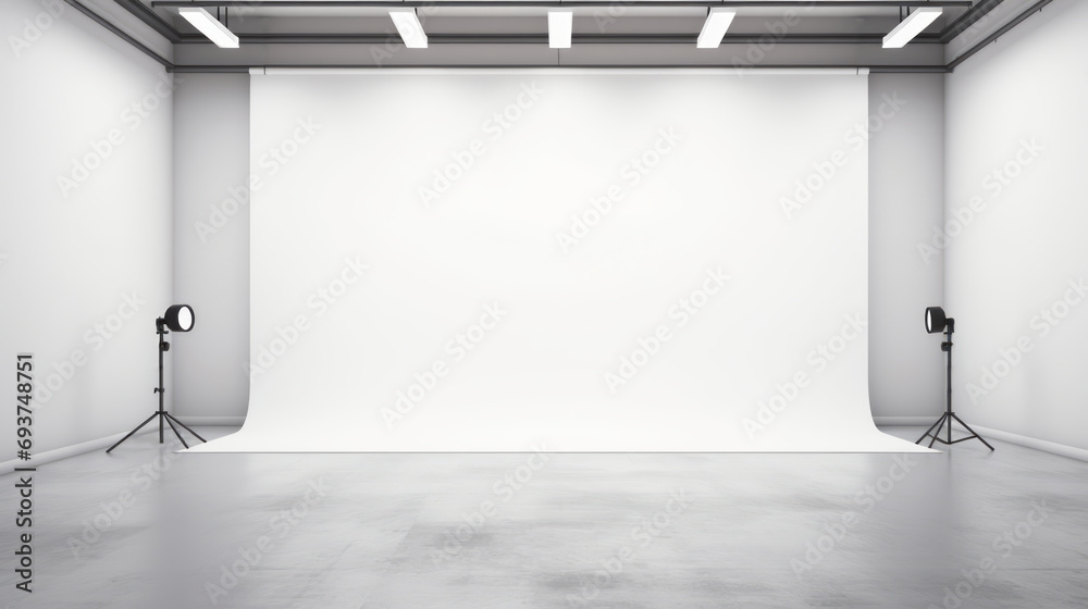 Professional photo studio with large white backdrop and lighting ...