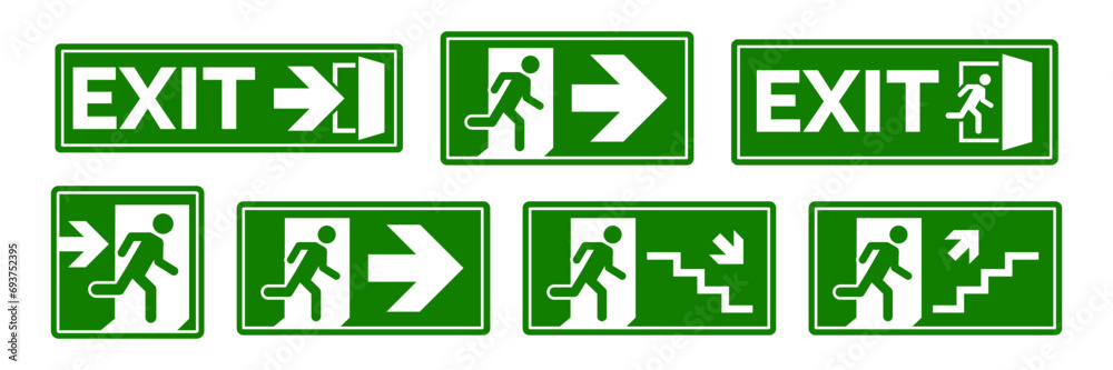 Emergency exit sign set. Man running out fire exit. Running man and ...