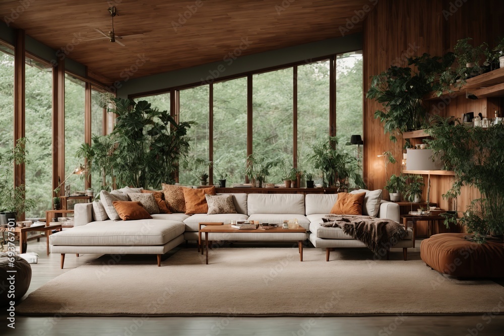 Interior design of a modern living room in a forest-themed mid-century ...