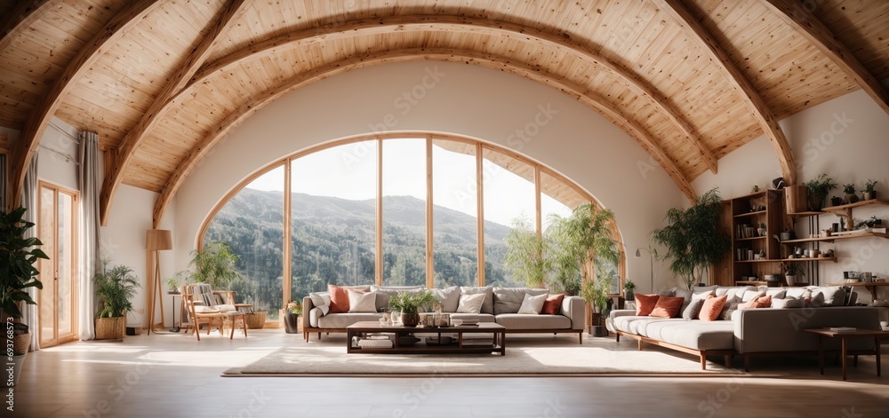 Vaulted cathedral ceiling in house. Interior design of modern living ...