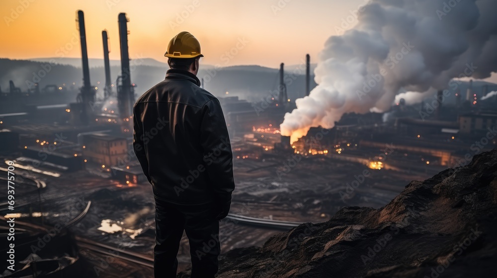 Worker in safety helmet is working on the huge excavator coal mining in ...