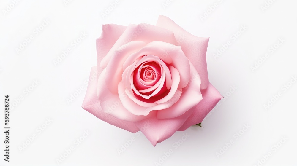 A photograph of a fresh pink rose top view, placed on a flat white ...