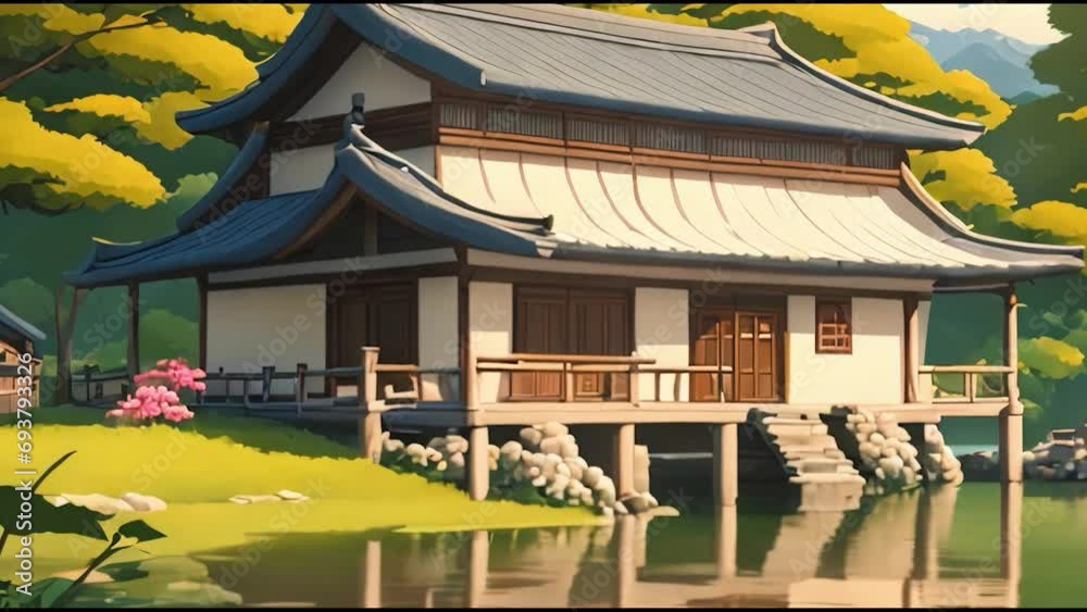 Traditional house on a beautiful lake with calm waters. Animation with ...