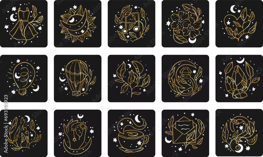 Black and gold elegant magic celestial icon set, Celestial magic gold ...