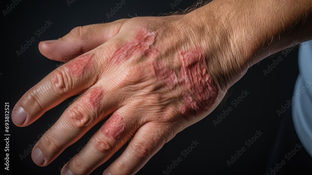 Scab on hand skin closeup with minor injury and redness Stock ...