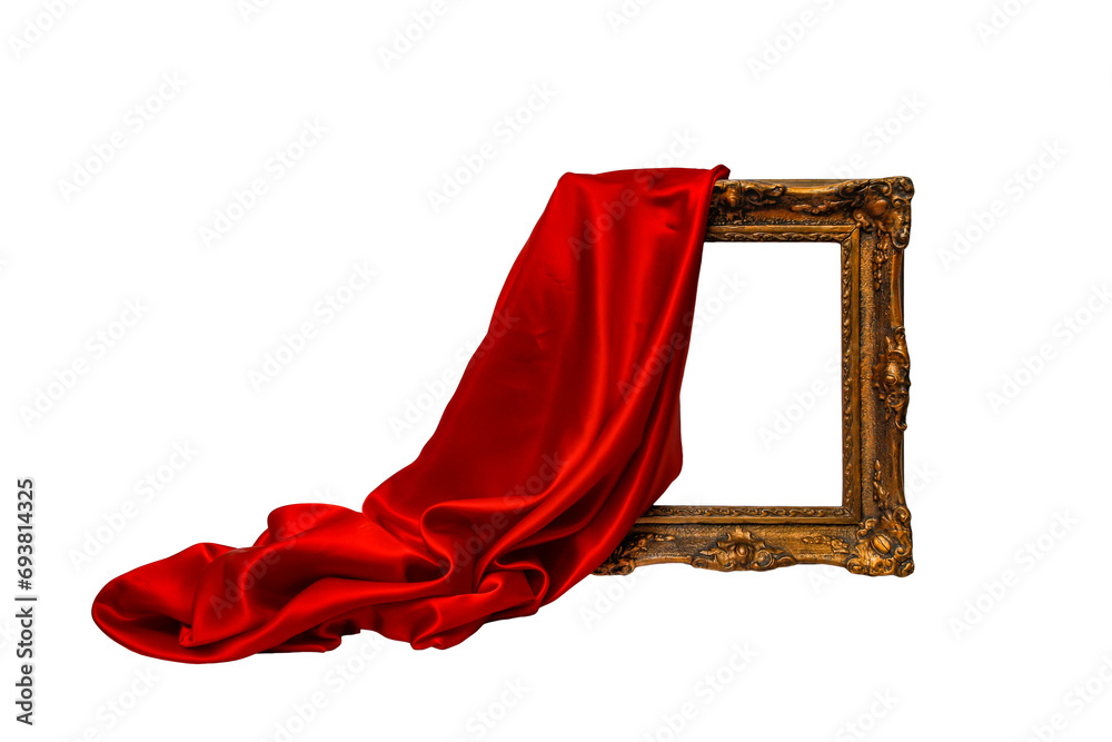 Red satin fabric, unveiling a golden brown frame, motion blur ...