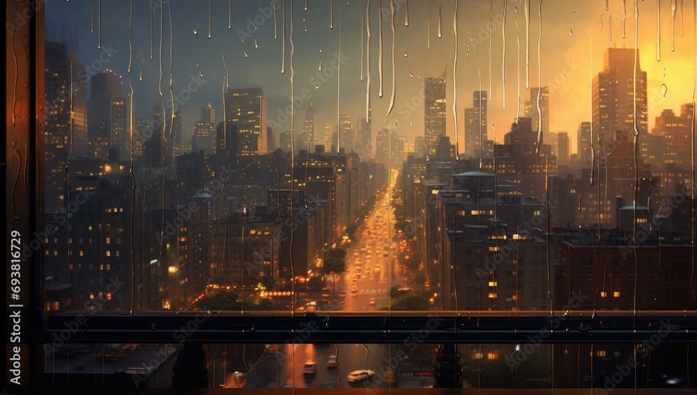 Big city view from window during rain. Stock Illustration | Adobe Stock