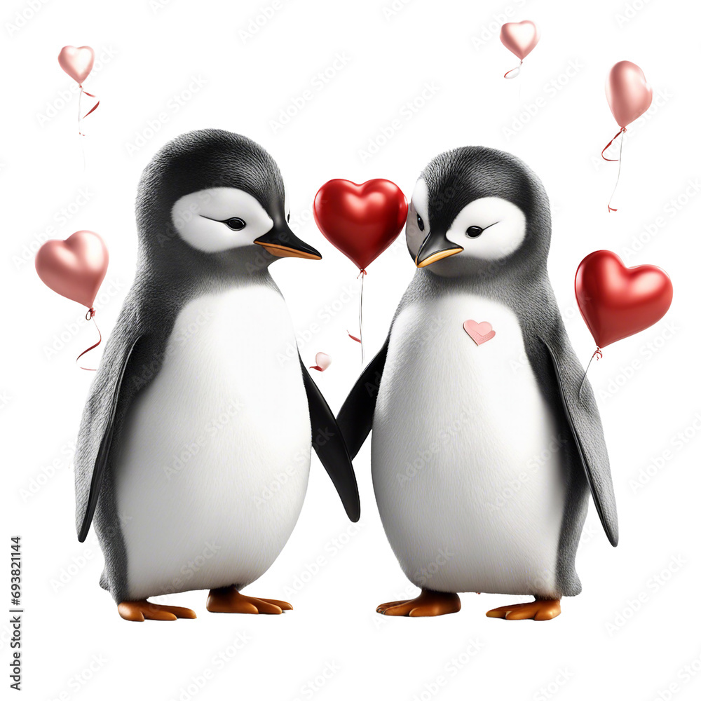 Cute and Cuddly Penguin Couple in Valentine's Day Poses with Hearts ...