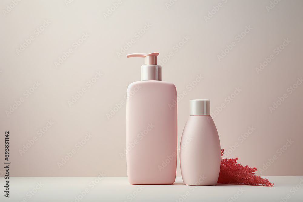 Soft pink cosmetic bottles with one having a pump dispenser and the ...