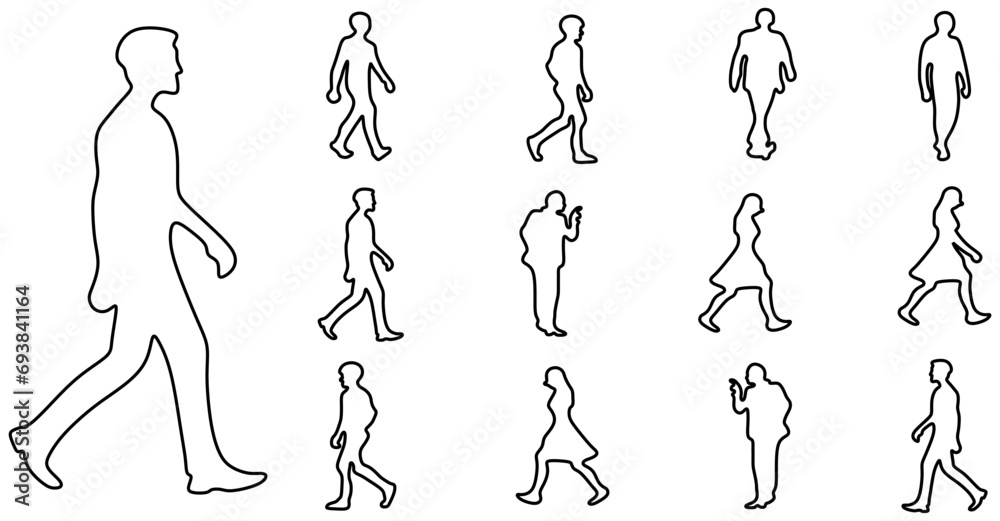 Editable line icon set of a stickman or stick figure walking in ...