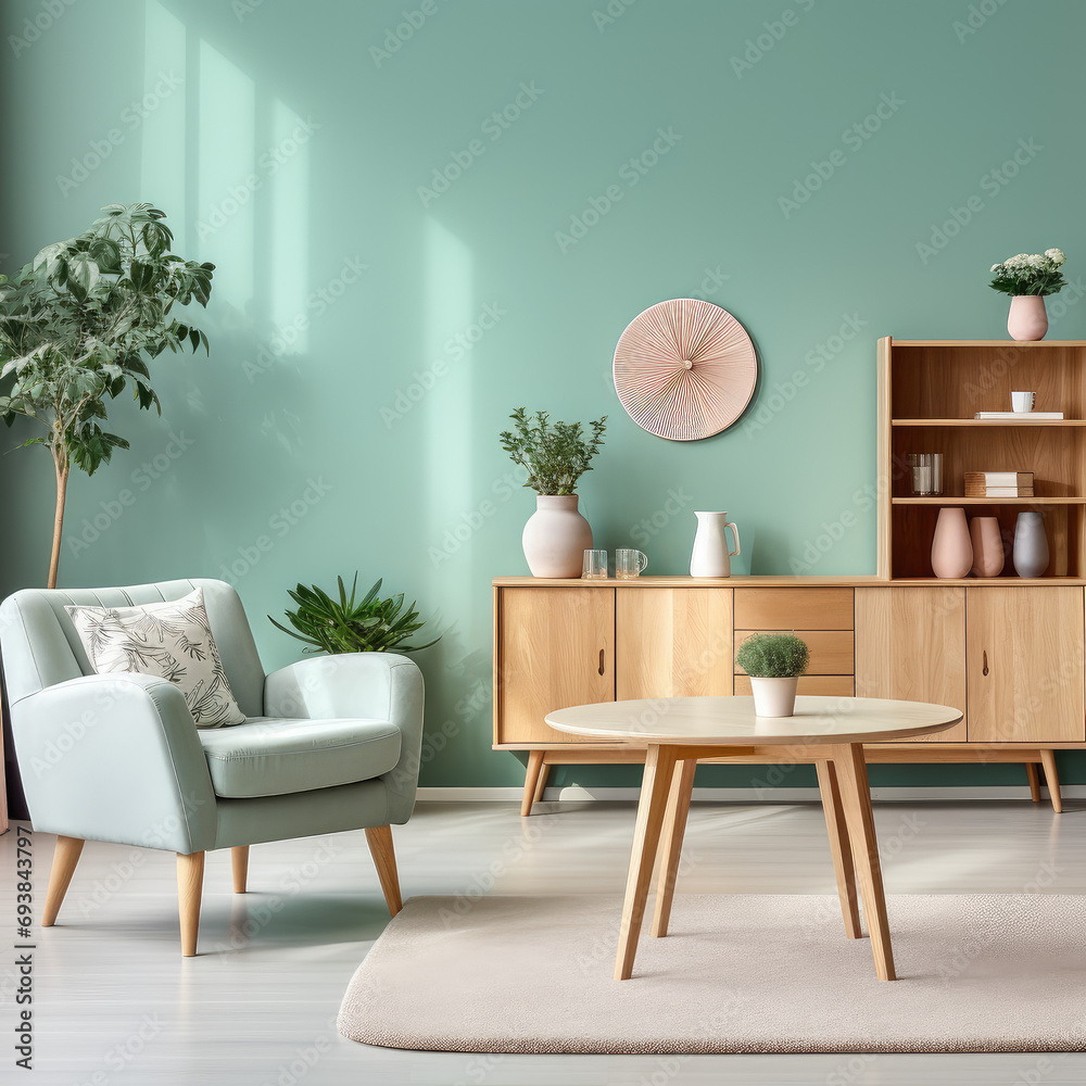 Mint color chairs at round wooden dining table in room with sofa and ...