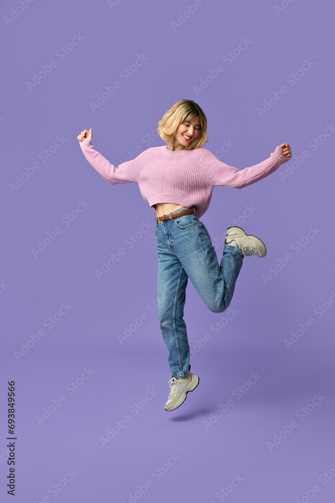 Happy pretty gen z blonde young woman, cute smiling hipster girl with ...