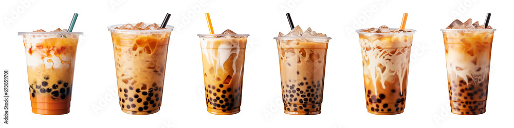 Collection set a plastic cup of iced bubble tea boba on a transparent ...