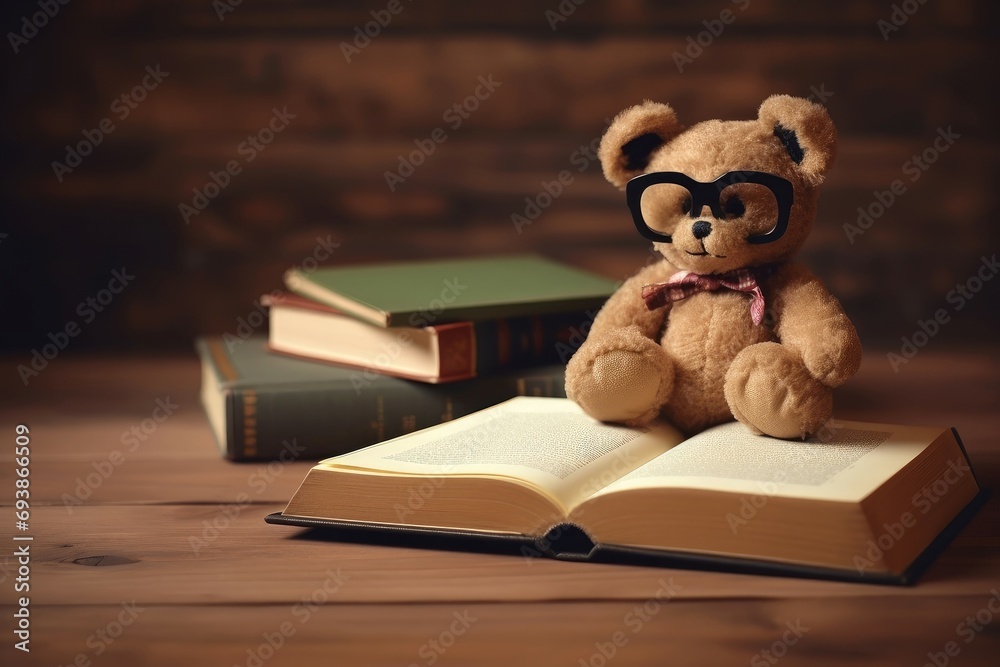 Bear toy with glasses on open book. Teddy wisdom plush toy on academic ...