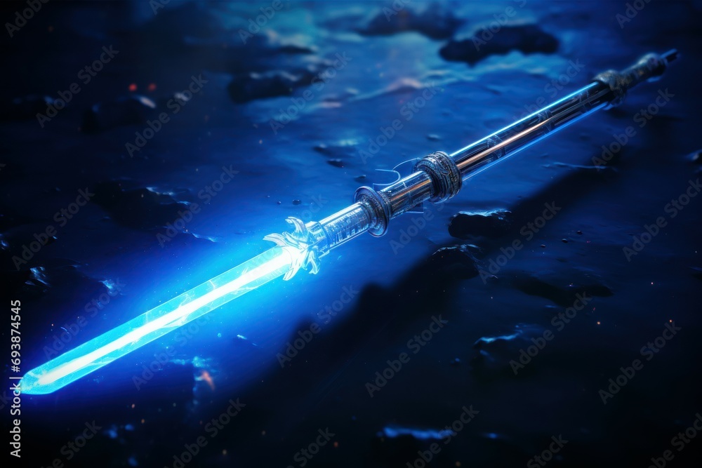 Azure lightsaber weapon. Blue stellar radiant glowing laser armor sword ...
