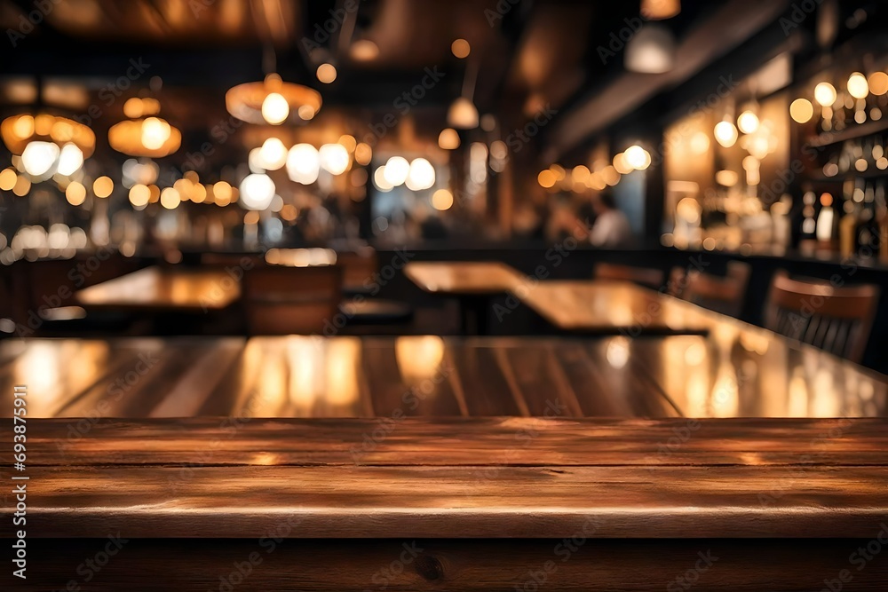 Wood table top on blurred of counter cafe shop with light bulb ...