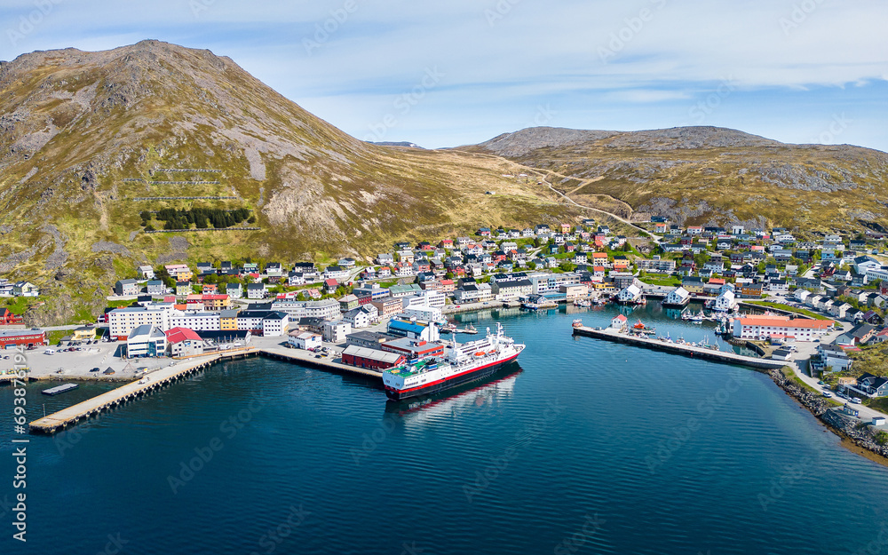 Aerial view of norwegian town Honningsvåg in polar region Finnmark as ...