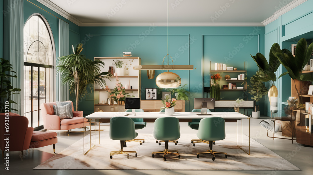 ZOOM背景,web会議背景, 観葉植物がある自然光が差し込むモダンなオフィスインテリア, 生成 AI,ZOOM Background ...