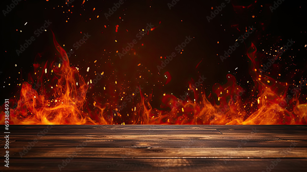 wooden table with Fire burning background,, fire particles, sparks, and ...