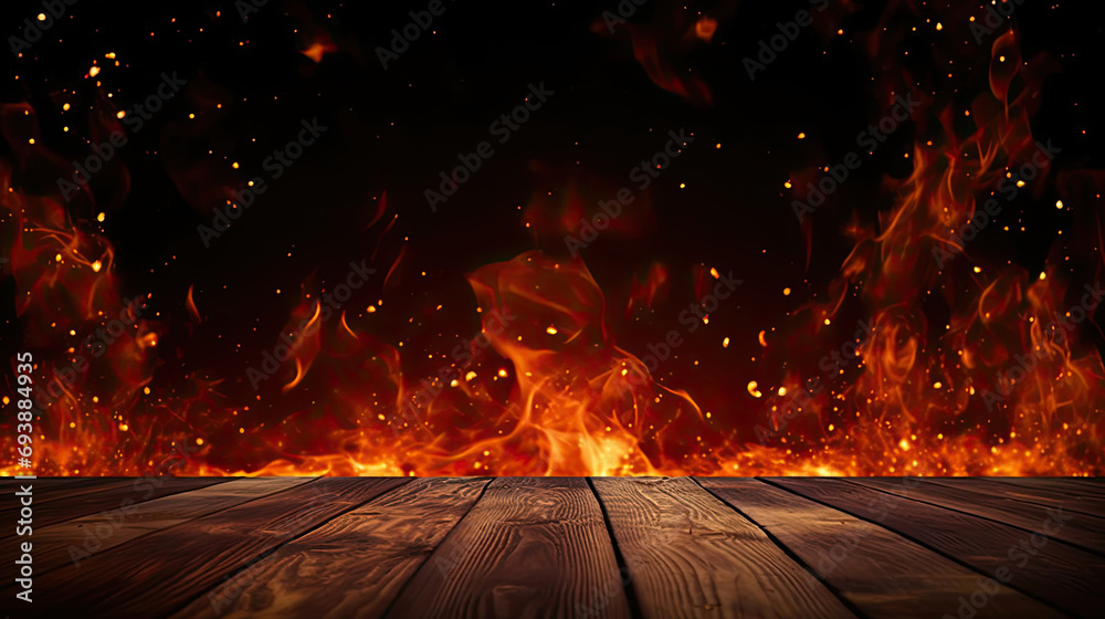 wooden table with Fire burning background,, fire particles, sparks, and ...