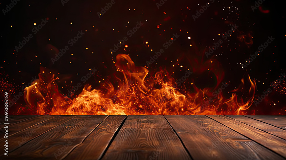wooden table with Fire burning background,, fire particles, sparks, and ...