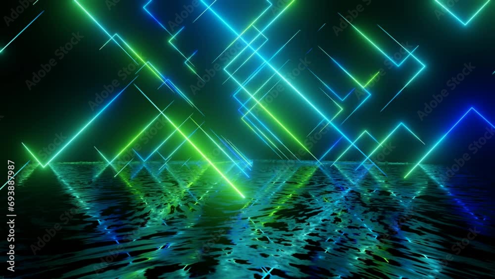Neon Design blue green line pattern 4K video with various neon elements ...