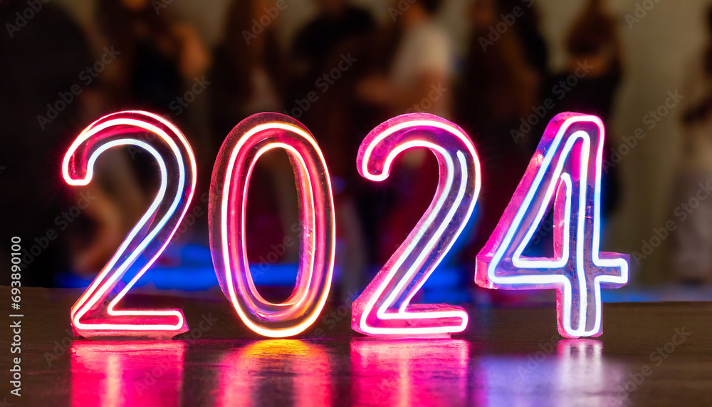 Minimalistic numbers 2024 in neon, blurred background of people dancing ...