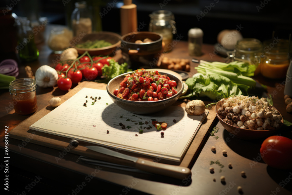 A kitchen counter covered in ingredients and recipe notes, capturing ...