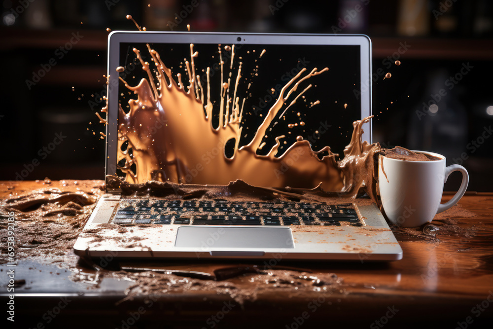 A spilled coffee cup and a laptop with a blank screen, illustrating the ...