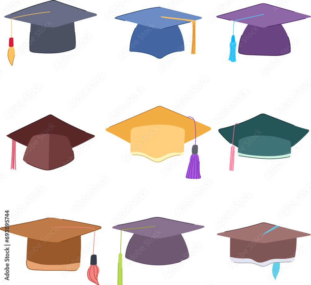 graduation hat set cartoon. degree school, education academy, study ...