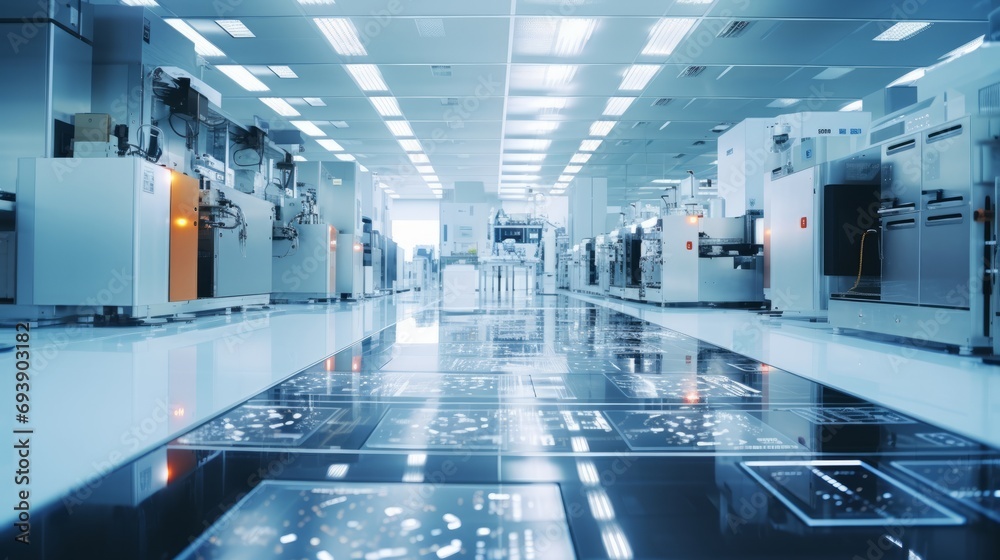 interior space of Advanced Semiconductor Production Fab Cleanroom with ...
