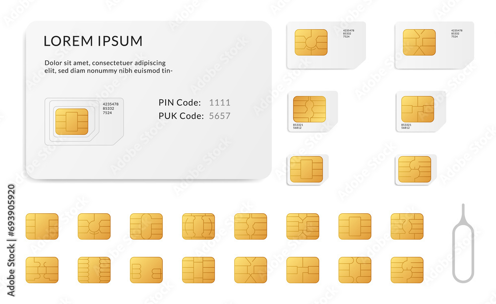 Sim card types icon set and sim tool isolated. Cellular phone card ...