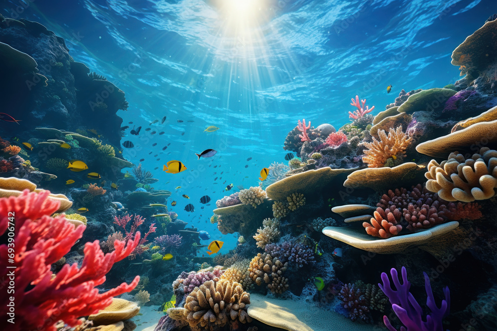 A vibrant coral reef teeming with diverse marine life, underscoring the ...