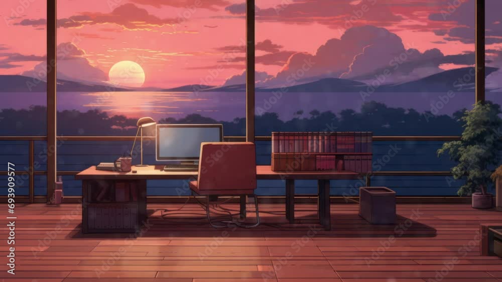 Lofi animation A quiet, relaxing, and peaceful library. Sunset lighting ...