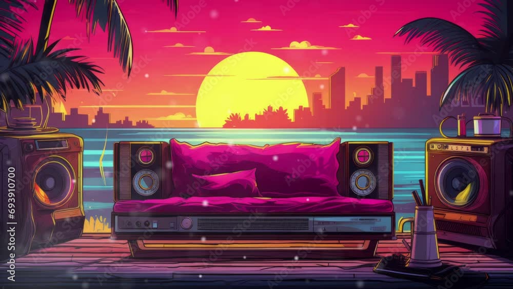 Synthwave tech Chill living room with a retro vintage stereo jukebox ...