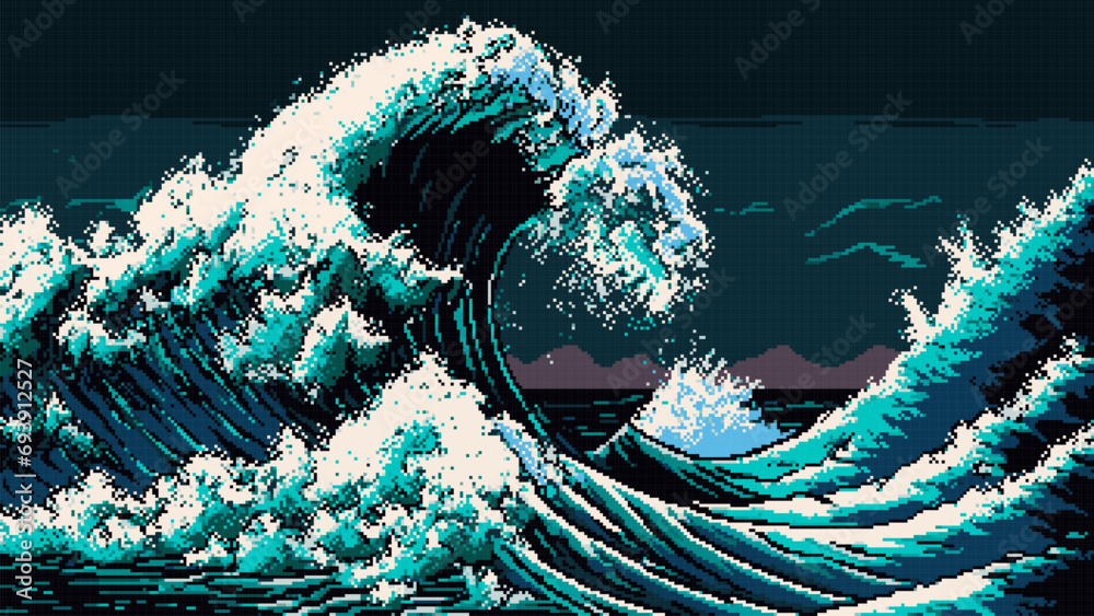 Generative ai tsunami wave sea landscape. 8Bit pixel art background ...
