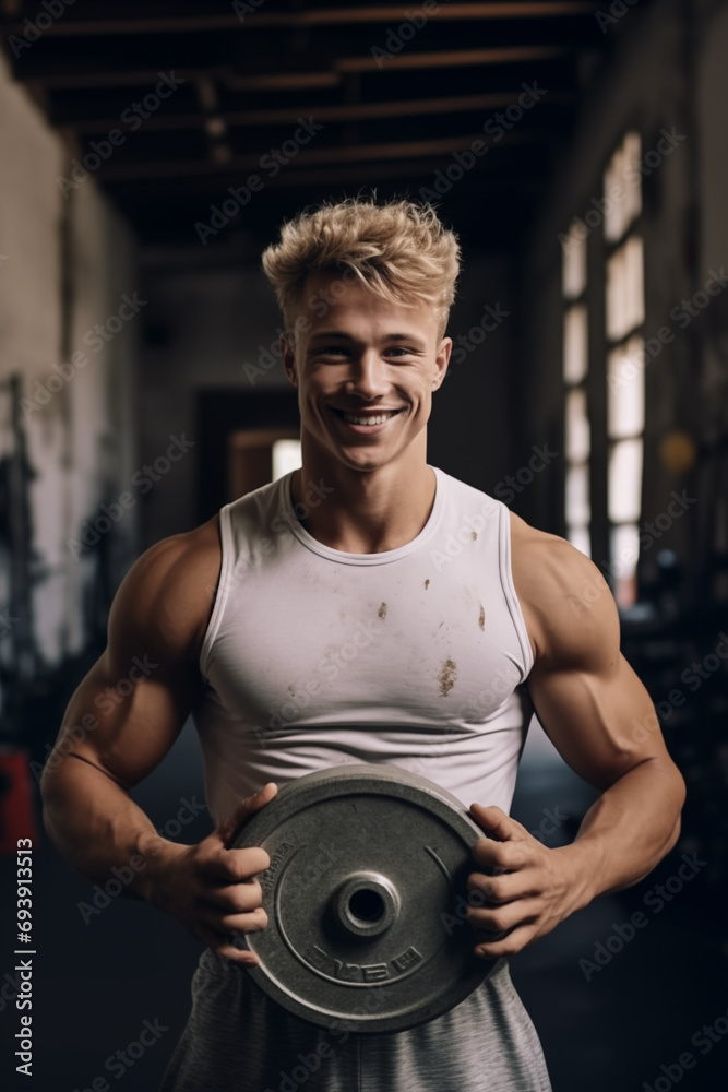 Blonde boy in the gym, strength exercises and training with muscle ...