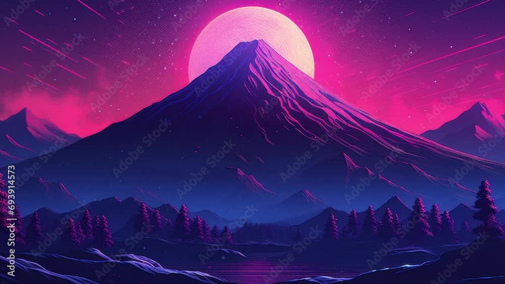 Synthwave tech landscape fuji yama mountain japan in vapor wave synth ...