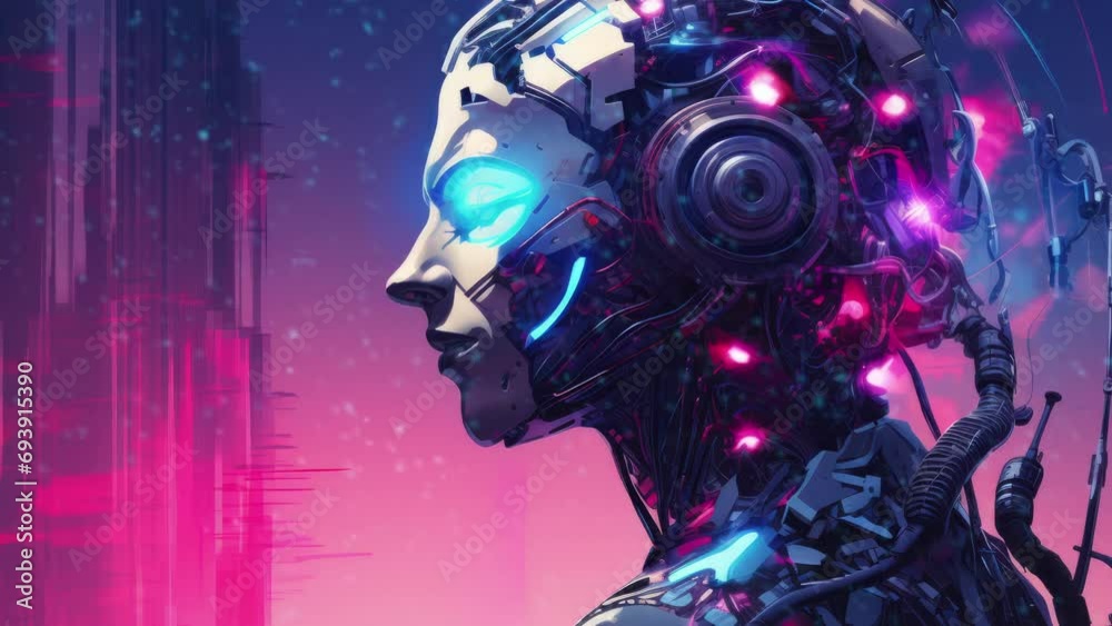 Synthwave tech robot full boy walking, cyborg, artificial intelligence walking .Cyberpunk robot ...