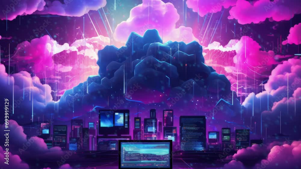 Synthwave tech Cloud computing technology - Seamless loop animation ...