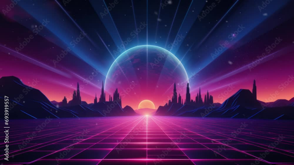 Synthwave tech Retro sci-fi background. Synthwave, Vaporwave, Retrowave. - Seamless loop ...