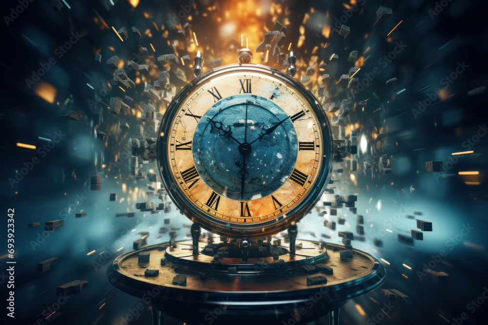 A surreal depiction of a clock with hands moving in both clockwise and ...